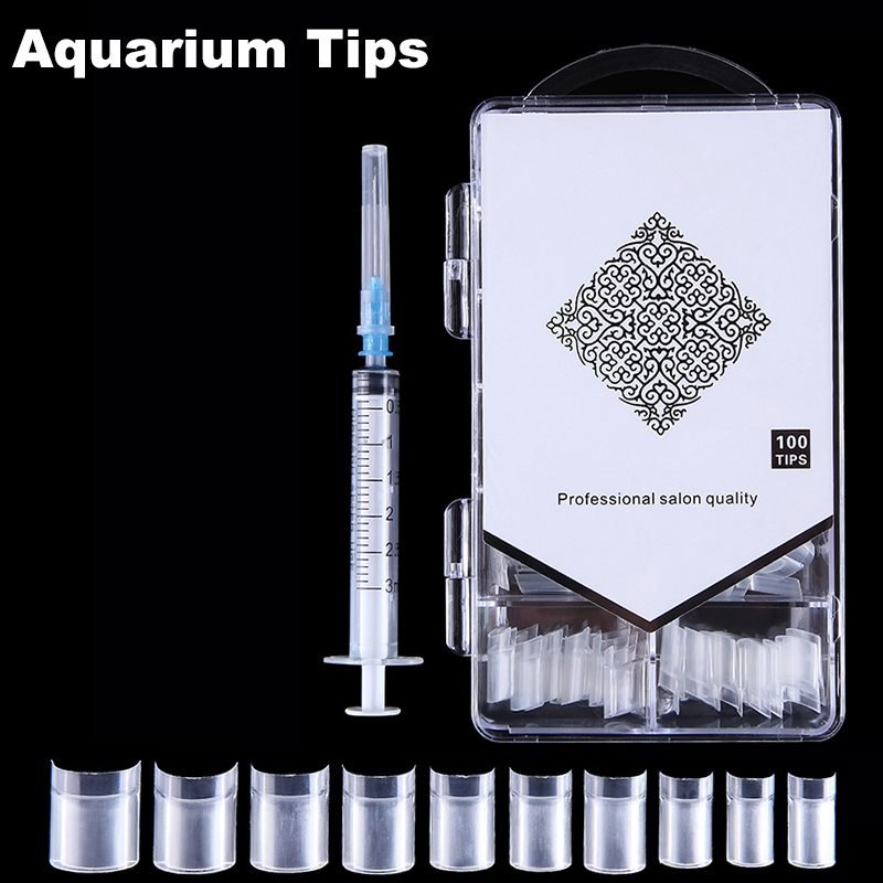 100PCS Aquarium Nails AQUA Clear False Nail Art Tips With syringe ...