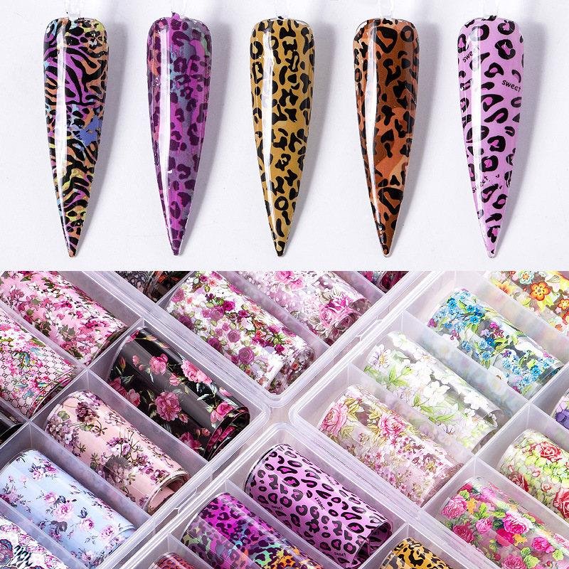 10 Rolls 100x4cm Flower Leopard Design Nail Transfer Foil Paper XKZ-13 ...